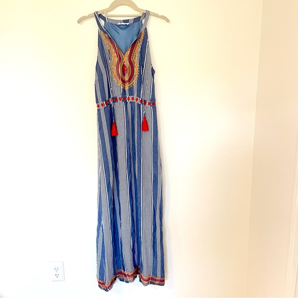 THML | Dresses | Thml Embroidered Striped Maxi Dress Boho Halter Small ...